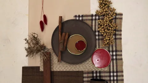 top view of material collage, color pale... | Stock Video | Pond5