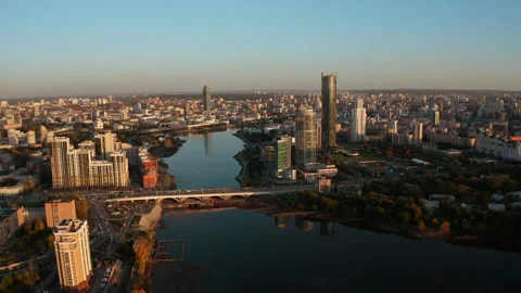 Top view of modern city with river with ... | Stock Video | Pond5