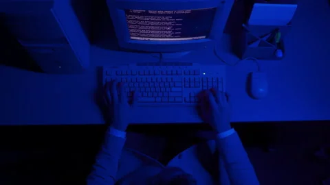 Top view. Retro computer. Man is typing ... | Stock Video | Pond5