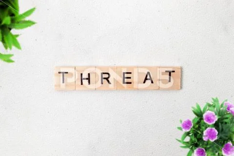 Top view of Threats word on wooden cube letter block on white ...