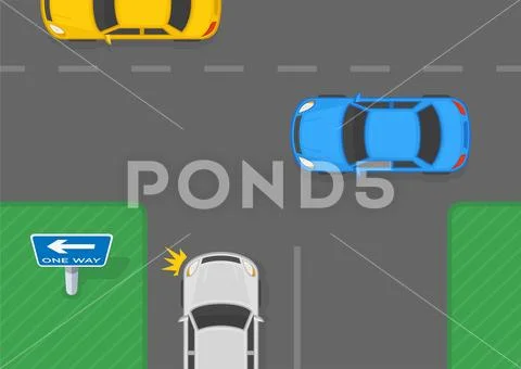 Top view of a traffic flow on one-way road. Car turning onto a one way ...