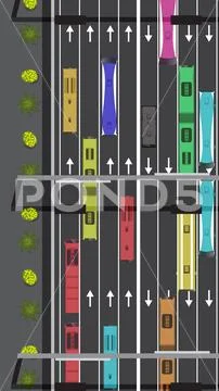 Top view of Traffic Jam bus transit on multiple lane highway, view from ...
