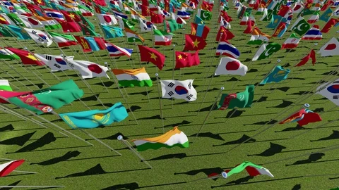 Top view on various world flags on green... | Stock Video | Pond5