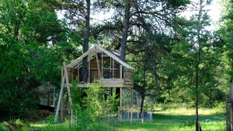 Topless skinny man working on tree house... | Stock Video | Pond5