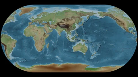 Topografic world map rotated. Eckert III... | Stock Video | Pond5