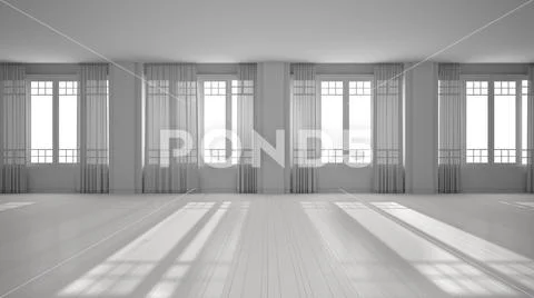 Total white project of empty room interior design, open space with big ...