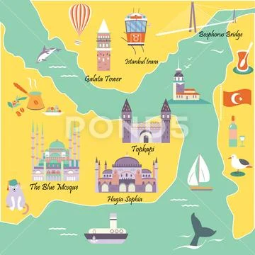 Tourist map with famous destinations and landmarks of Istanbul: Graphic ...