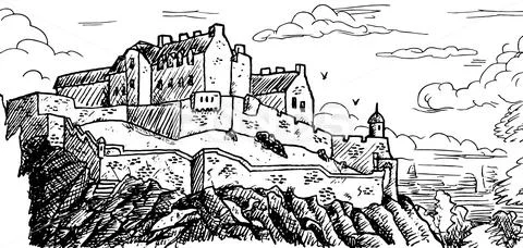 Towers and stone walls at the Edinburgh Castle: Graphic #143196309