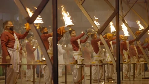 Traditional Ganga Arti Rituals On The Ba... | Stock Video | Pond5