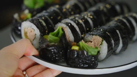 Traditional Korean food Gimbap - Plating... | Stock Video | Pond5