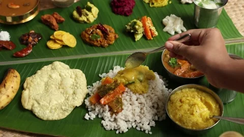 Traditional Onam sadhya rice Sambar, Ras... | Stock Video | Pond5
