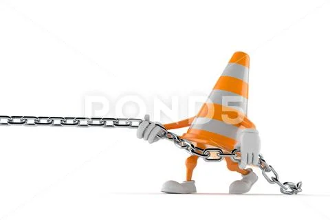 Traffic cone character pulling chain: Graphic #137042213