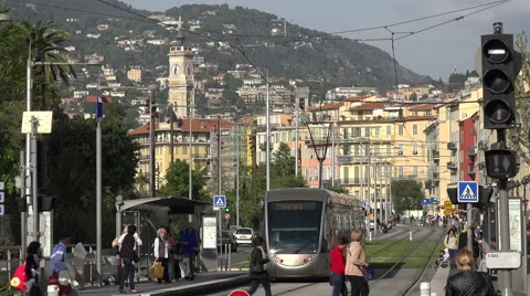Tram arrives at station in Nice, France | Stock Video | Pond5