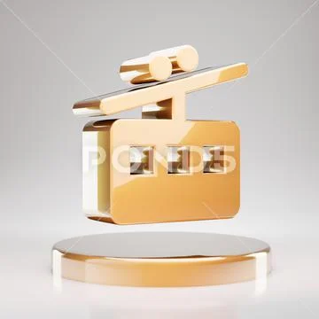 Tram icon. Yellow Gold Tram symbol on golden podium. ~ Clip Art #146934747