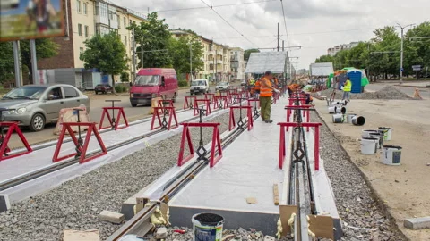 Tram rails at the stage of their install... | Stock Video | Pond5