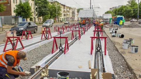 Tram rails at the stage of their install... | Stock Video | Pond5