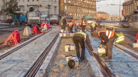 Tram rails at the stage of their install... | Stock Video | Pond5