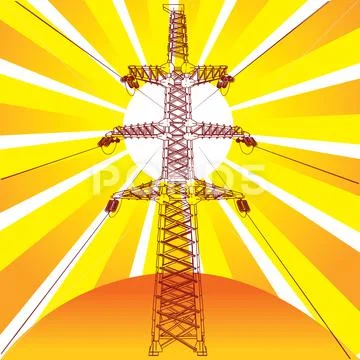 Transmission line with sun rays on background, vector illustration ...