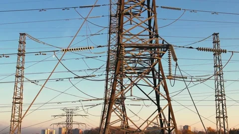 Transmission power tower with wires at g... | Stock Video | Pond5