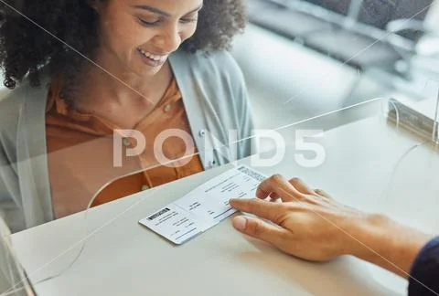 Travel, ticket and airport with black woman at check in desk for ...