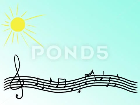 Treble clef, sun and music notes on blue horizontal background: Graphic ...