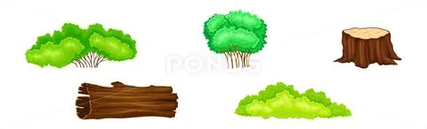 Tree Stump, Log and Green Bush as Forest Element Vector Set ...