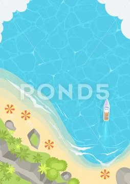 Tropical island beach top view cartoon vector illustration: Royalty ...
