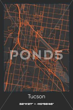 Tucson, Arizona - vector map of city in Gray, Black, Orange colors ...