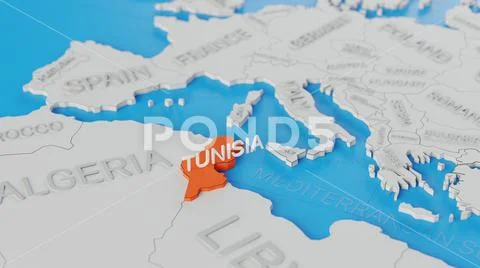 Tunisia highlighted on a white simplified 3D world map. Digital 3D ...