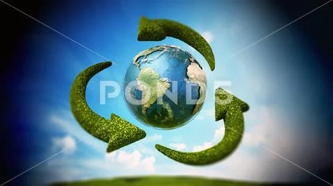 Turning green arrows around the earth form recycling symbol. 3D ...