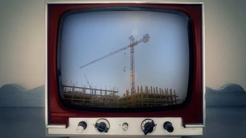 TV vintage Construction site crane sun f... | Stock Video | Pond5
