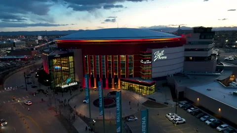 Twilight aerial pullback of Ball Arena i... | Stock Video | Pond5