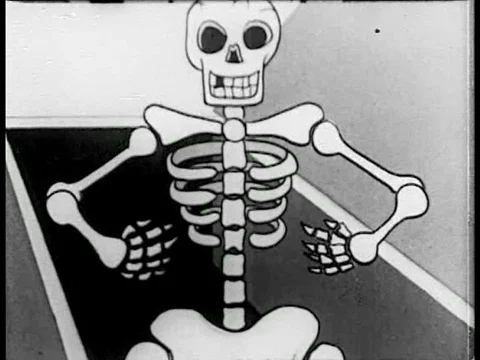 Two 1930s animated cats watch a skeleton... | Stock Video | Pond5
