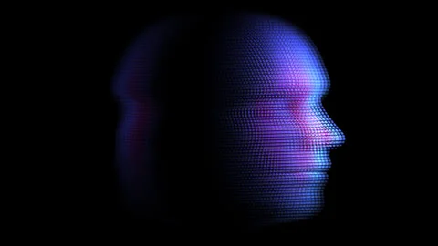 Two 3D glowing digital human faces rotat... | Stock Video | Pond5