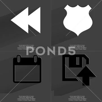 Two arrows media icon, Police badge, Calendar, Floppy disk upload icon ...