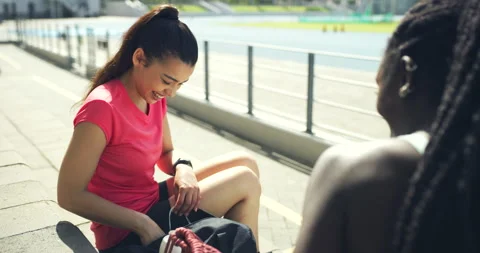 Two athletes talking after workout train... | Stock Video | Pond5