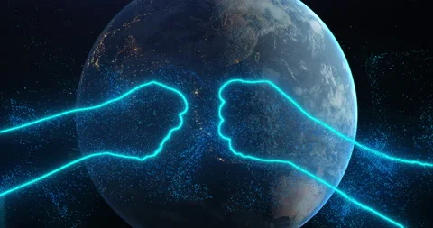 Two blue fists collide, bumping in space... | Stock Video | Pond5