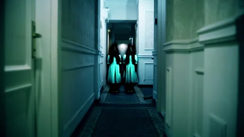 Two creepy twin girls standing in hotel ... | Stock Video | Pond5