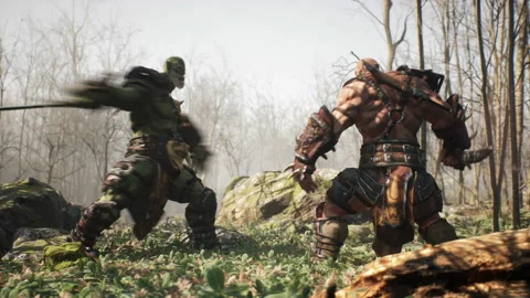 Two formidable orc warriors fight in a b... | Stock Video | Pond5