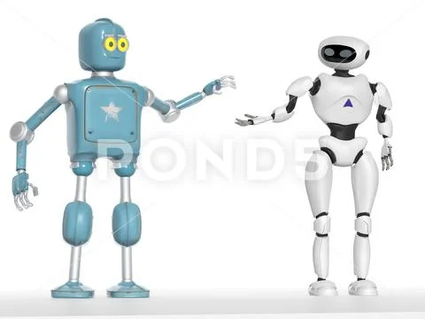 Photograph: Two generations of robots holding hands with an on-white background #243647032