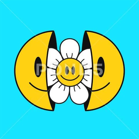Two half of smile face with chamomile flowe inside.Vector cartoon ...