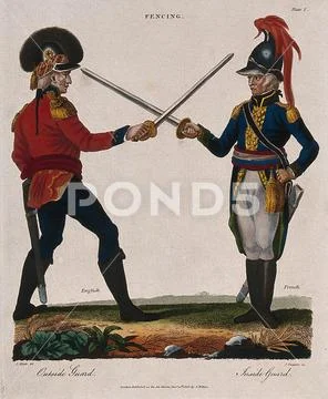 Two men in uniform are standing opposite one another with their swords ...