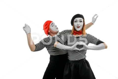 Two mimes on white background. Mime actress with excited face Stock ...