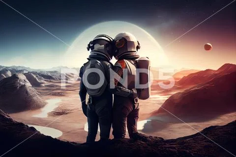 Two people in space suits standing on a rocky surface with a planet in ...