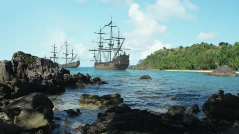 Two pirate ships in bay, 1700s - Reenact... | Stock Video | Pond5
