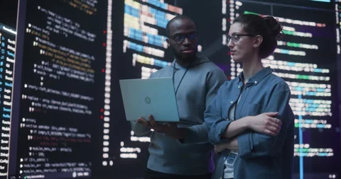 Two Programmers Discussing Code on Big S... | Stock Video | Pond5