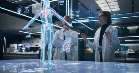 Two Scientists Using VFX Hologram Of Hum... | Stock Video | Pond5
