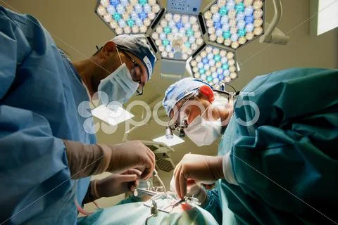Two surgeons in operating room making face plastic surgery. ~ Hi Res ...
