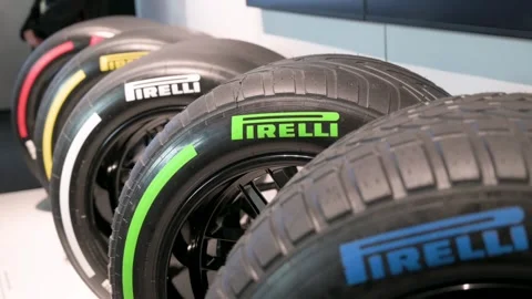Types of Pirelli F1 racing tyres display... | Stock Video | Pond5