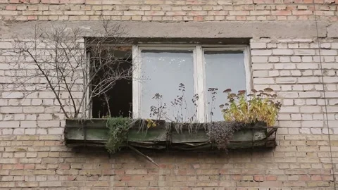 Typical Soviet house, old windows. Slums... | Stock Video | Pond5